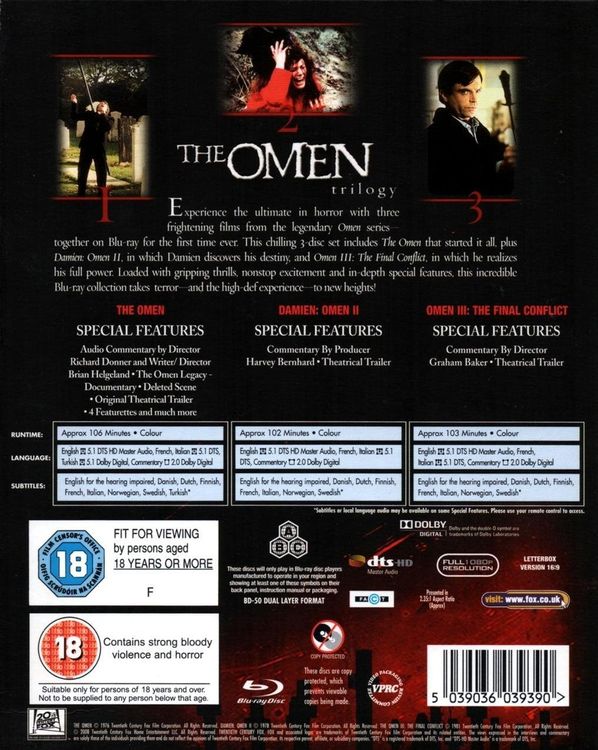 The Omen Trilogy (1976-81) UNCUT/Gregory Peck/Sam Neill/3-BD (Neu ...
