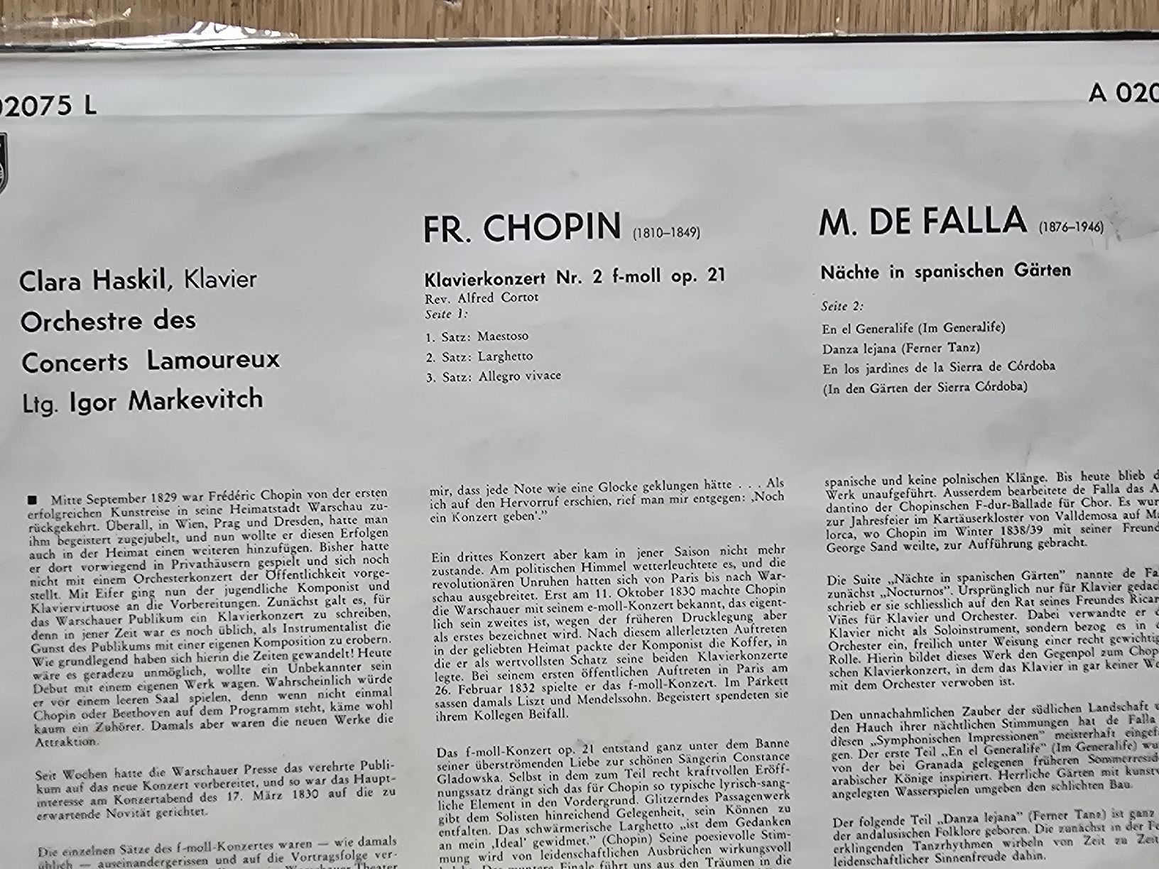 Clara Haskil Chopin Klavierkonzert 2 DeFalla Nächte.. (Gebraucht) in ...