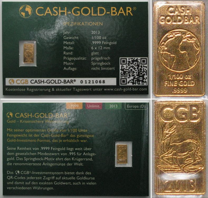 CGB, 1/100 oz gold .9999, SPRINGBOCK, in coin card | Kaufen auf Ricardo