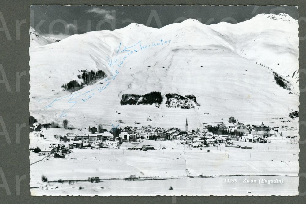 AK sw Zuoz GR Engadin, Zeichnung und Text Lawinengang ≈ 1962 (Gebraucht ...
