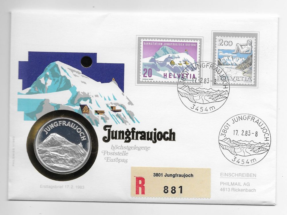 Münzbrief Jungfraujoch 1983, 999,9 (Neu (gemäss Beschreibung)) in Hefenhofen für CHF 20 – mit ...