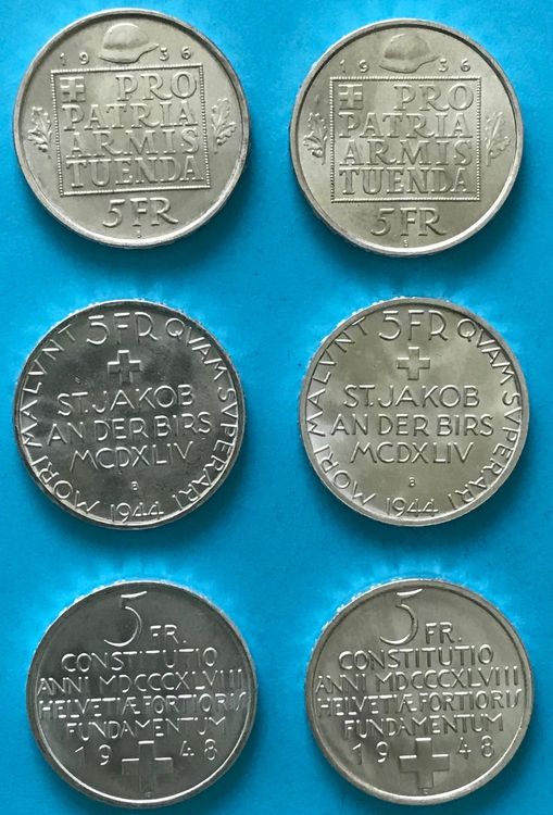 6 schöne Schweizer Silber 5 Franken-Gedenkmünzen (Gebraucht) in Zuerich für CHF 86 – mit ...