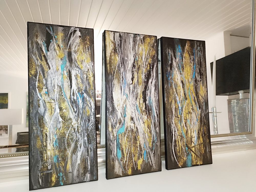 Triptych mit Gold, Acrylbilder auf Leinwand 50x20cm | Kaufen auf Ricardo