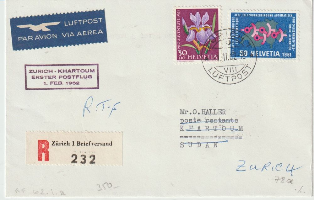 SELTEN, RF 62.1a, ZURICH - KHARTOUM, Fr 350.-- (Gebraucht) in Bure für CHF 75 – mit Lieferung ...