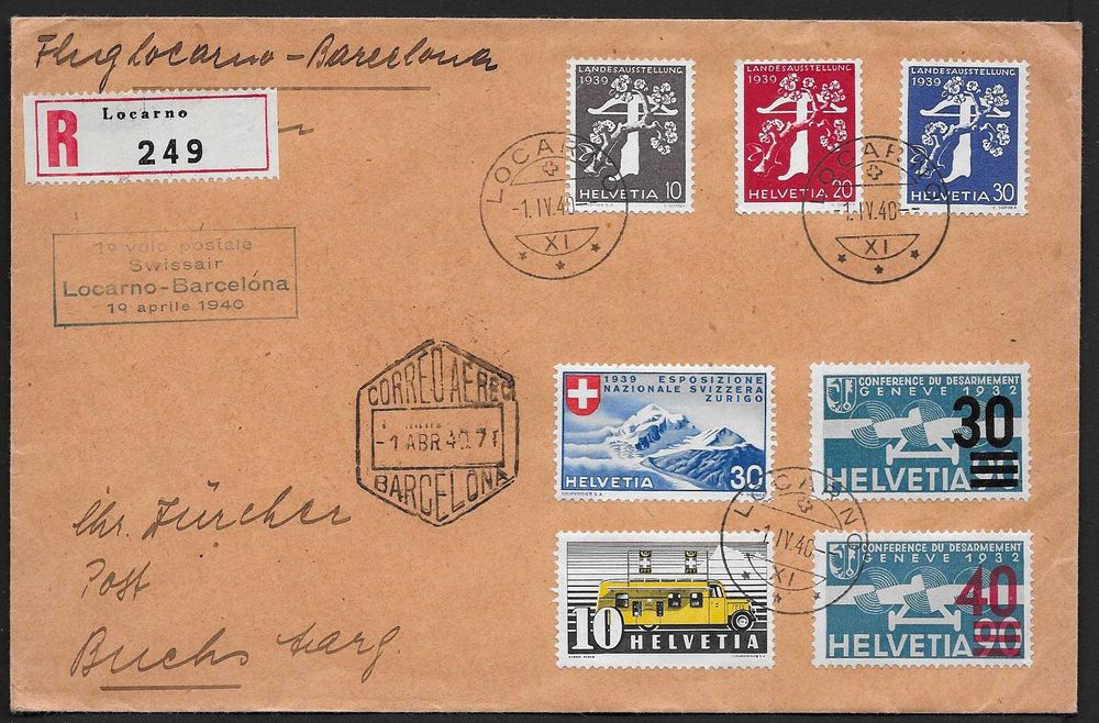 1940 R/Brief 1.Flug Locarno-Barcelona Frankatur TOP ab 1.- (Gebraucht) in Zürich für CHF 8 – mit ...