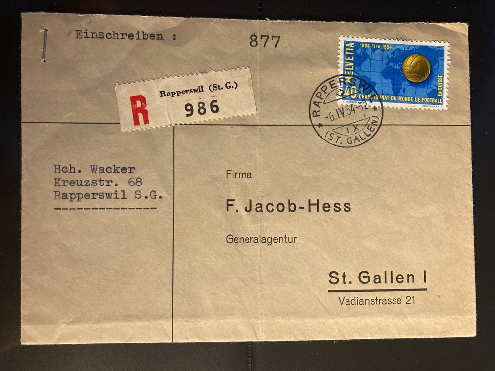 CH 1954 R-Brief 40Rp Fussball WM Rapperswil St.Gallen (Gebraucht) in Liestal für CHF 4 – mit ...