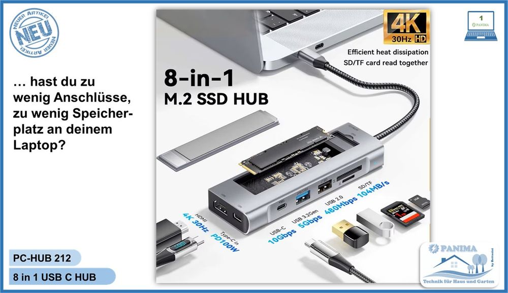 8-in-1-USB-C-HUB (Dockingstation) Typ PC-HUB-212 (Neu und ...