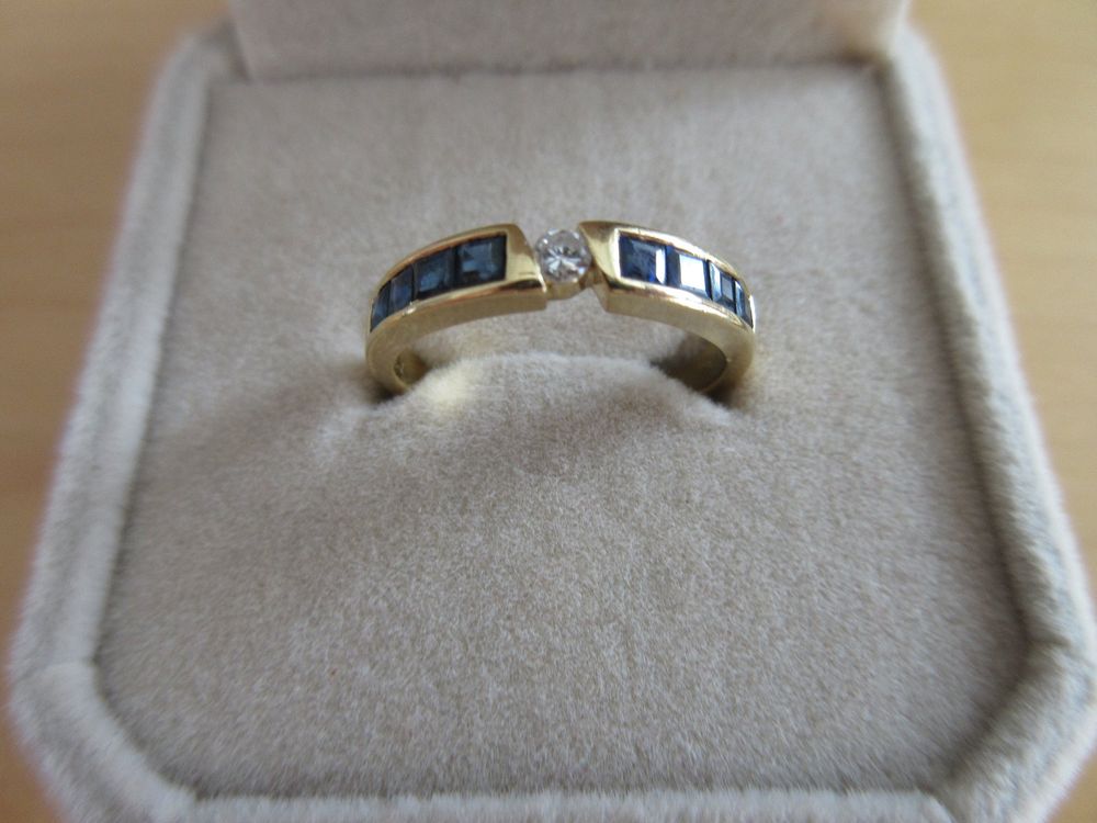18K GG Halb Alliance-Ring mit Saphiren und Brillant, Gr53 (Gebraucht ...