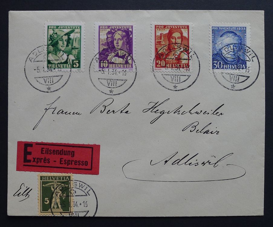 PJ 1933, Satzbrief J65-J68, von ADLISWIL ZH, Kat: 100.- (Gebraucht) in Ebikon für CHF 40 – mit ...