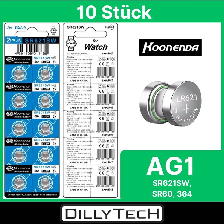 Koonenda AG1, SR621SW, 364 Knopfzellenbatterie - 10 Stk. (Neu und ...