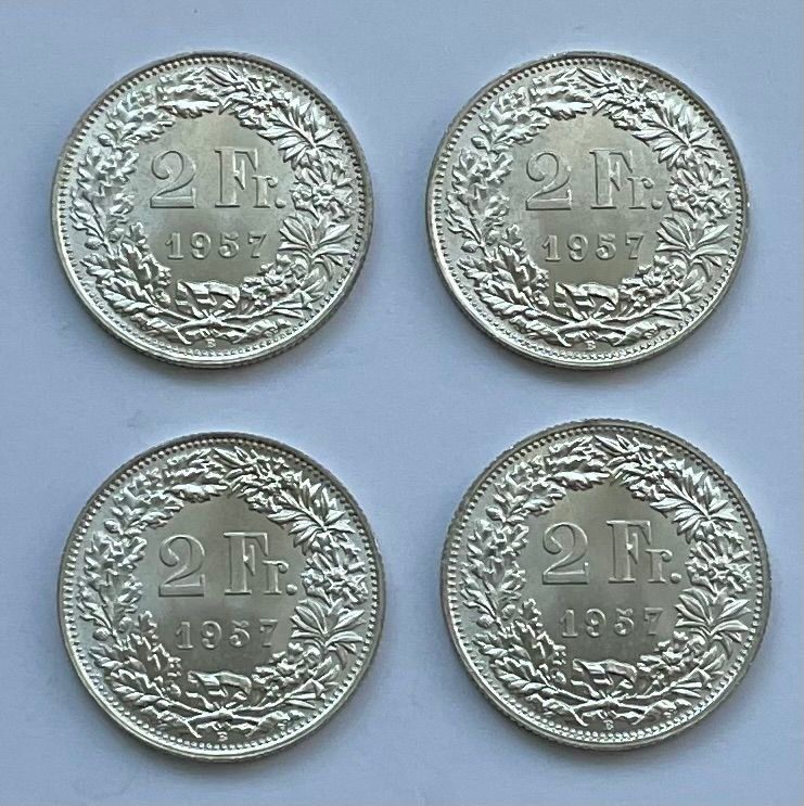 4 sehr schöne Schweizer 2 Franken-Silbermünzen 1957 ab Rolle | Kaufen auf Ricardo