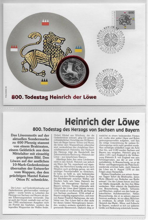 Münzbrief 1995, Heinrich der Löwe 10 DM Silber (Neu (gemäss Beschreibung)) in Hefenhofen für CHF ...