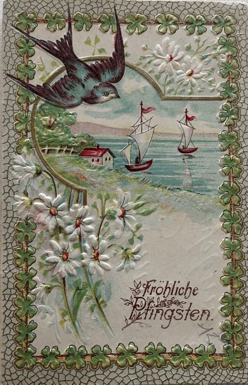 Prägedruck, Pfingsten, Schwalben, Segelschiffe, Jugendstil (Gebraucht ...