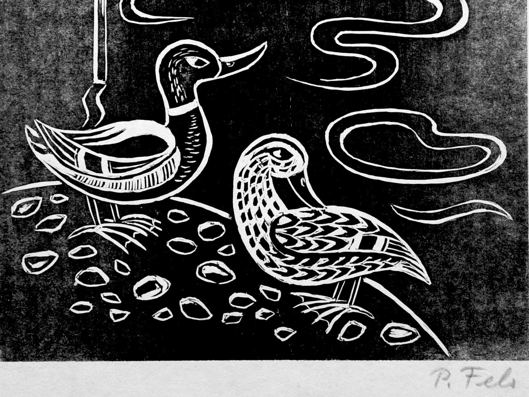 Original Holzschnitt, Enten im Schilf, signiert, Peter Fels (Gebraucht ...