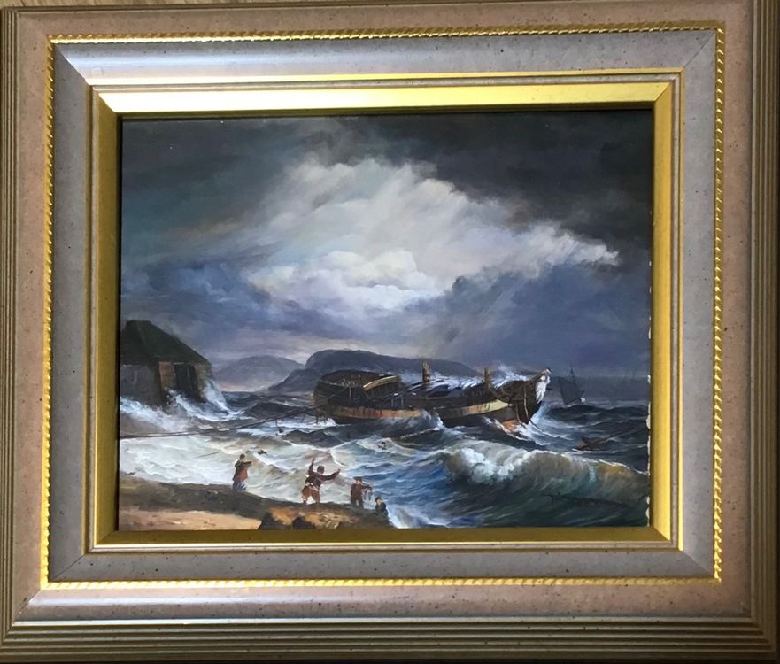 Küsten Gemälde mit Schiff Unleserlich Signiert | Kaufen auf Ricardo