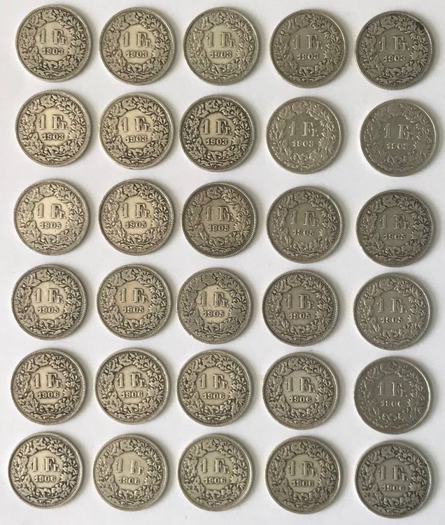 je 10 Stück Schweizer Silber 1 Franken-Münzen 1903/1905/1906 | Kaufen auf Ricardo