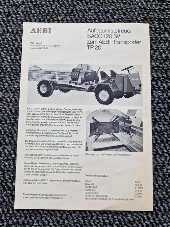 Original Prospekt SACO Aufbaumiststreuer zu Aebi TP 20 TP50 (Gebraucht) in Dürnten für CHF 45 ...