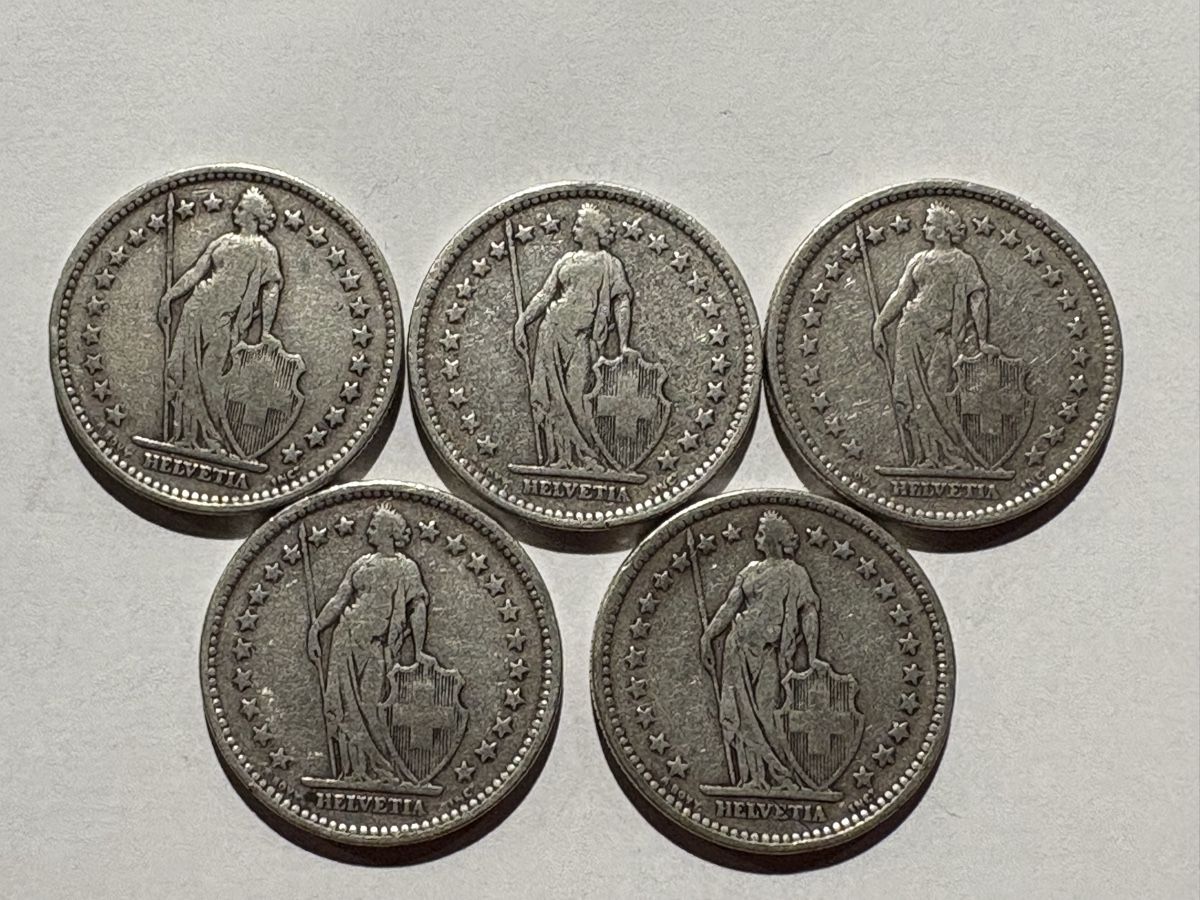 5 x 2 Fr. Silbermünzen Jahrgang 1906 - Helvetia stehend (Gebraucht) in Dietwil für CHF 40 – mit ...