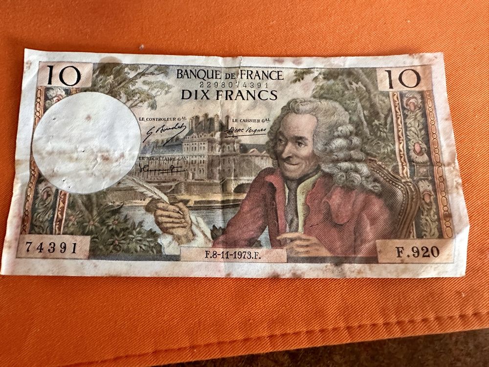Antike 10-Franken-Note Frankreich, 1973, Voltaire Motiv (Gebraucht) in ...