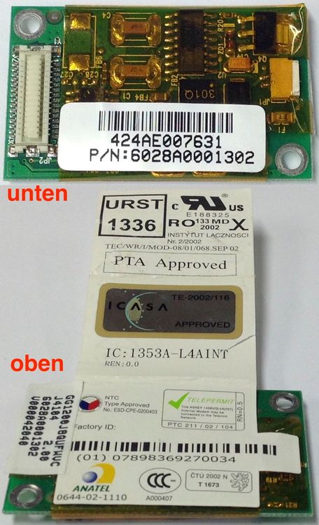 Anatel 6028A0001302 Laptop-Modem 56k analog intern (Gebraucht) in ...