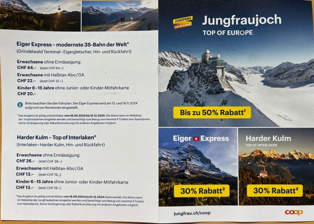 1 COOP-Gutschein: Jungfraujoch - Eiger Express - Harder Kulm (Neu (gemäss Beschreibung)) in ...