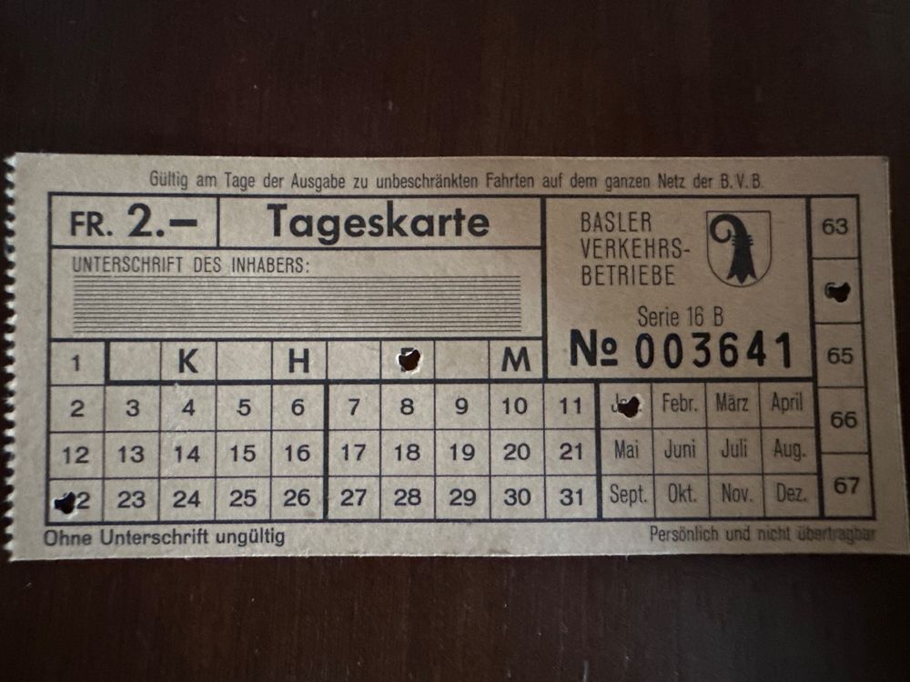 Tageskarte BVB Basel 1963-1967 Sammlerstück selten (Gebraucht) in ...