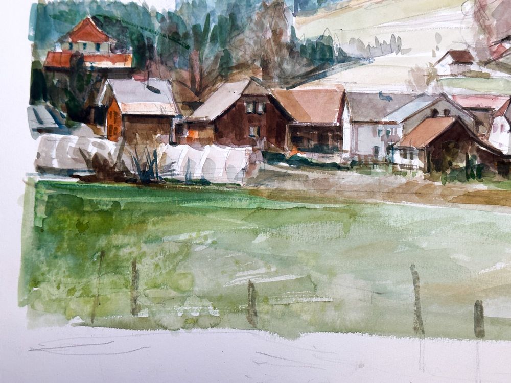 Christoph R. Aerni 1990 Aquarelle sur carton paysage village (Gebraucht) in Morges für CHF 100 ...