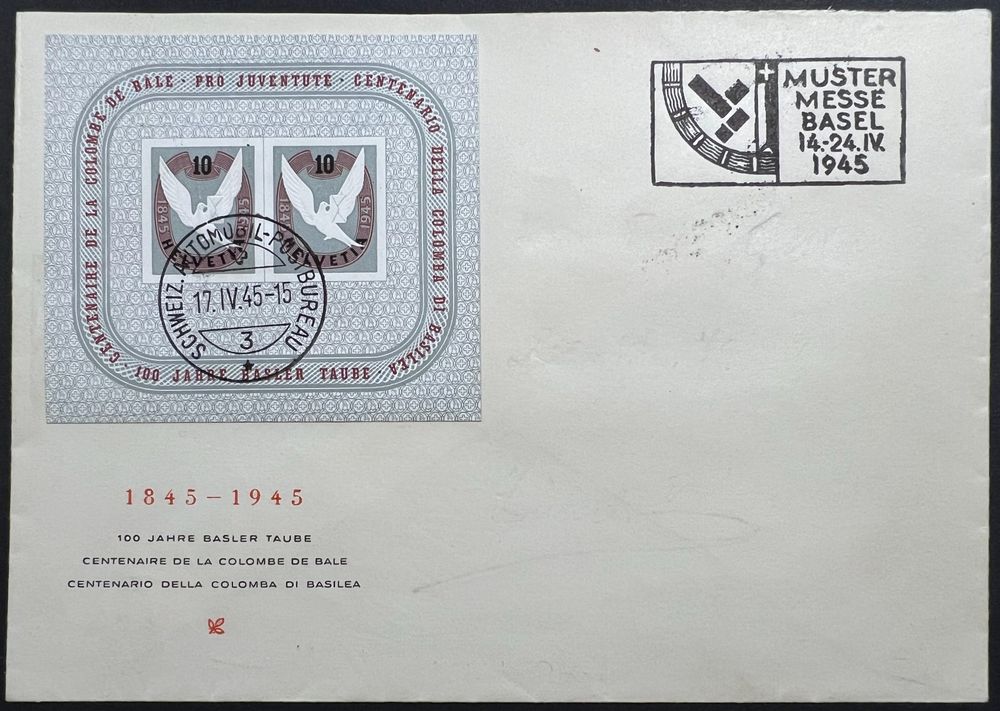 1945 schöner Basler Taube-Block auf Brief SBK 150.- (Gebraucht) in St. Gallen für CHF 14.5 – mit ...