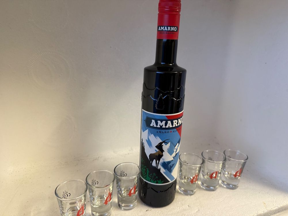1 Flasche Amarno Kräuterlikör 21Vol.% 70cl. mit 6 Shotglas (Neu und ...