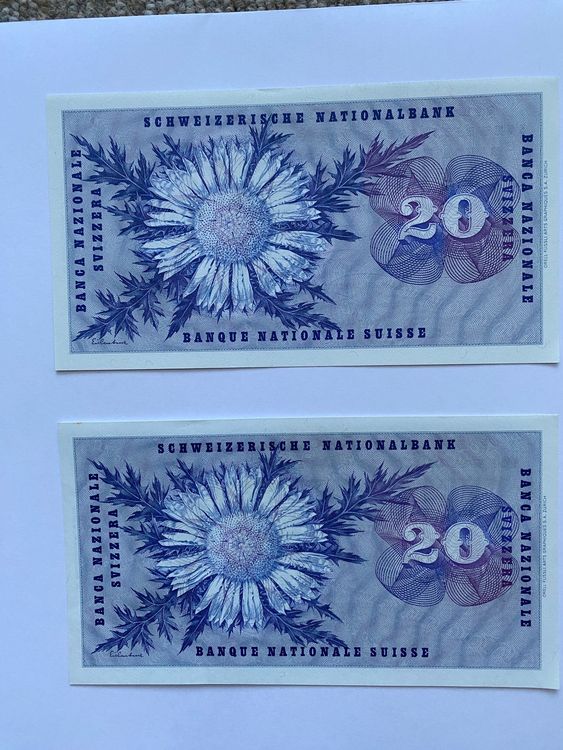 Schönes Set: 2 alte 10 und 20 Franken CH-Noten, ungefaltet (Neu und originalverpackt) in Thun ...