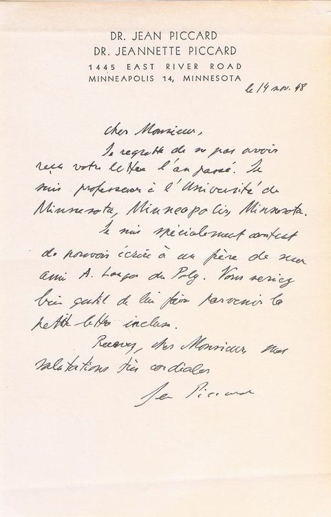 Jean Felix Piccard 1884-1963 Autograph Brief 1948 (Gebraucht) in ...