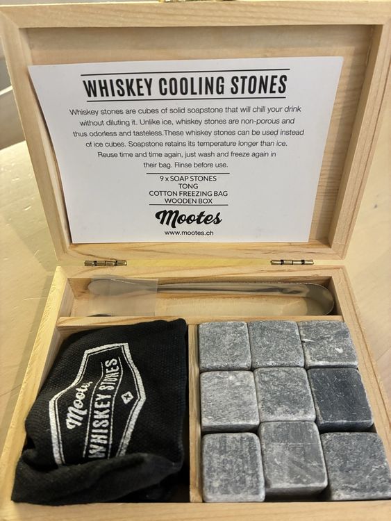 9 Whiskey Cooling Stones in Wooden Box with Pouch & Tongs (Neu (gemäss ...