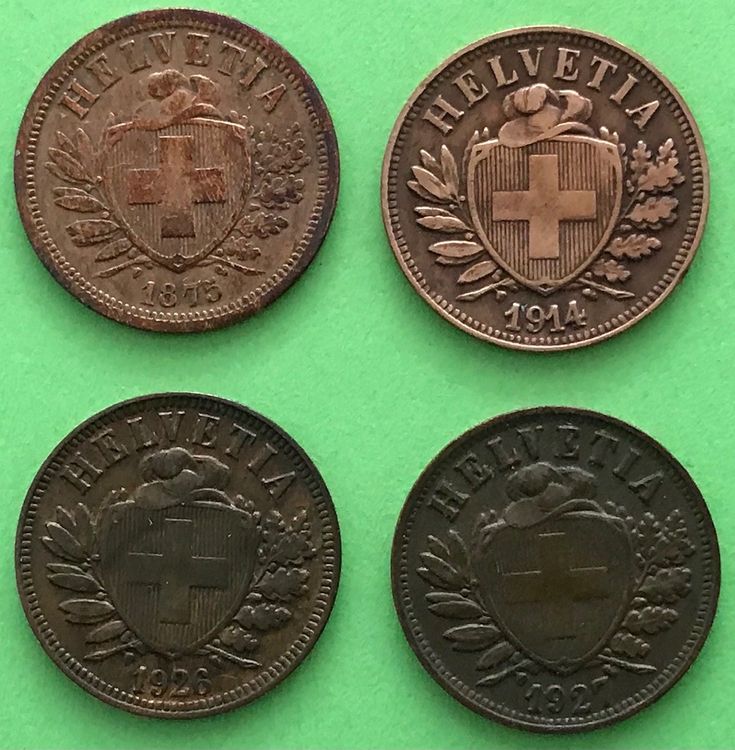 4 Schweizer 2 Rappen Münzen von 1875 / 1914 / 1926 / 1927 (Gebraucht) in Zürich für CHF 32 – mit ...