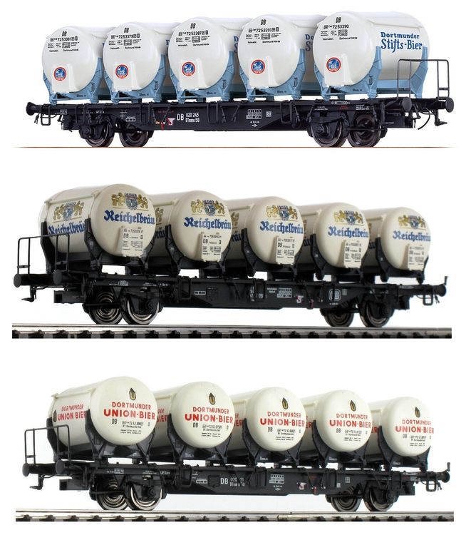 BRAWA - 3 verschiedene Bierbehältertragwagen der DB (Neu und ...