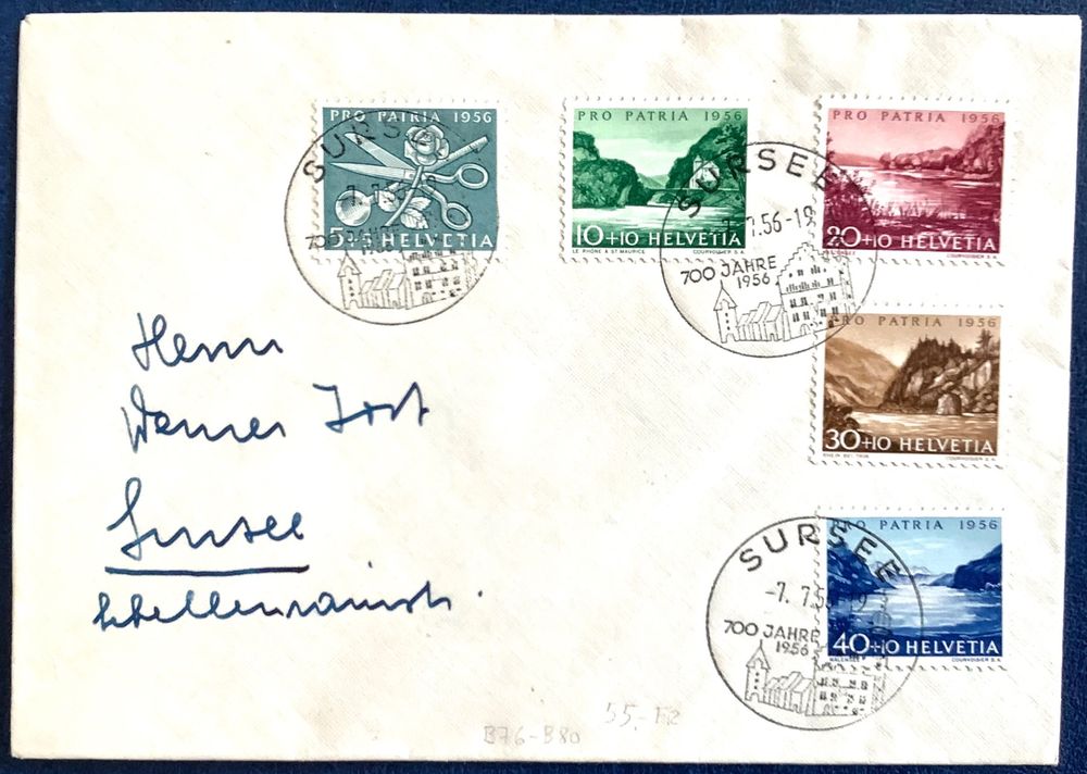 1956 Pro Patria Satz Brief / Sonderstempel 700 Jahre SURSEE (Neu ...