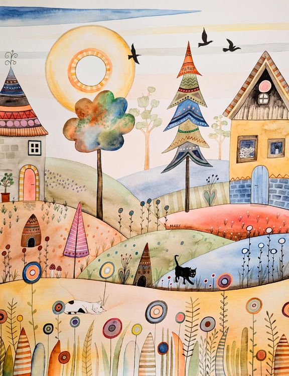 Original Aquarell "ein Katzen-Paradies" Blumen Bäume (Neu und originalverpackt) in Wittenbach ...