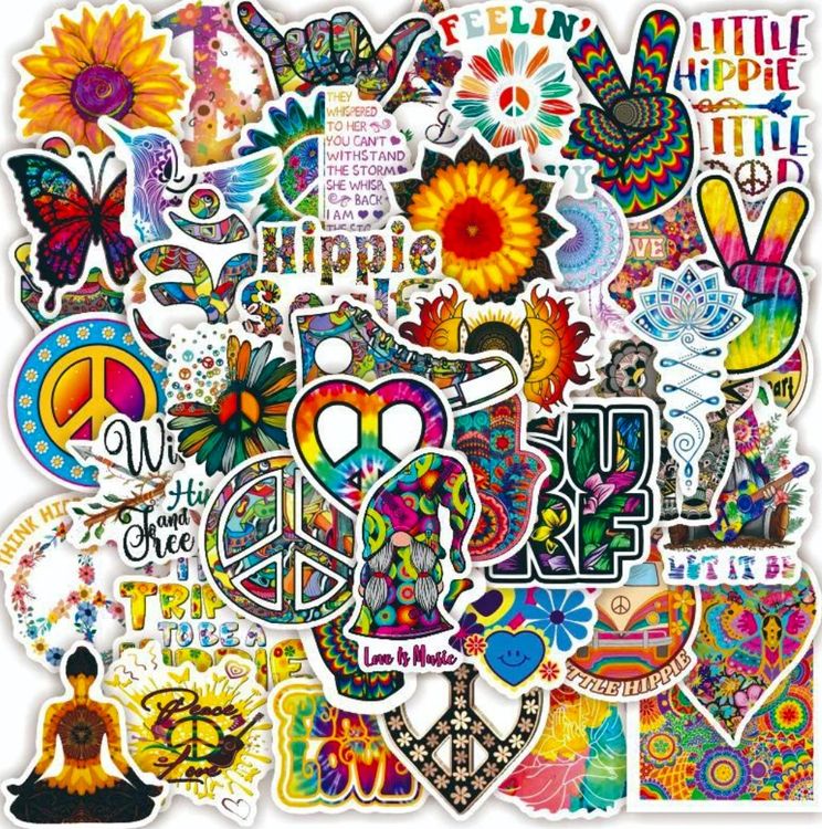 50 Stk. Sticker/Aufkleber - Retro Hippies Aufkleber (Neu und ...