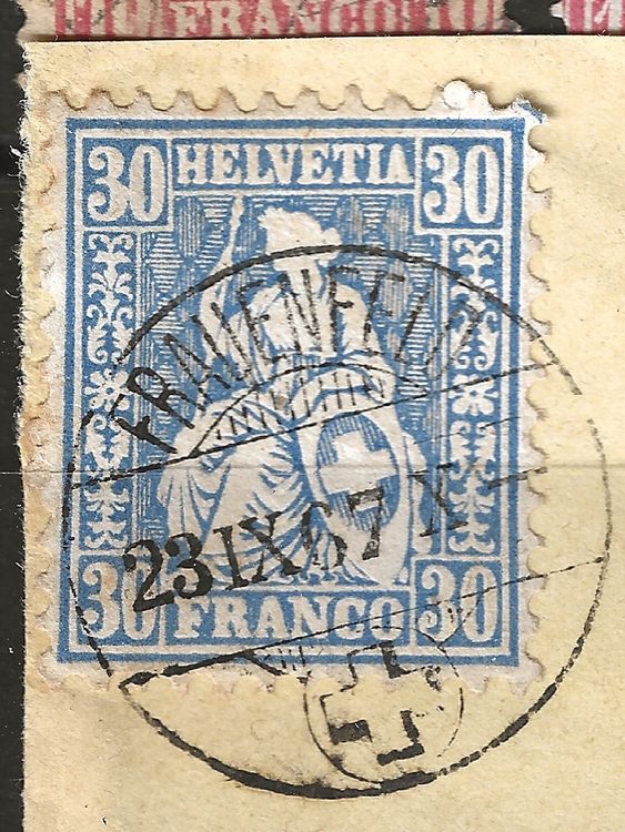 sitzende Helvetia 1867-1878 weisses Papier 30 Rappen (Gebraucht) in Emmenbrücke für CHF 50 – mit ...