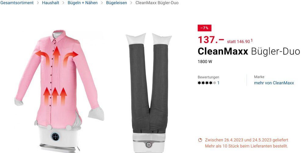 Bügler-Duo mit Dampffunktion Cleanmaxx (Gebraucht) in Adliswil für CHF ...