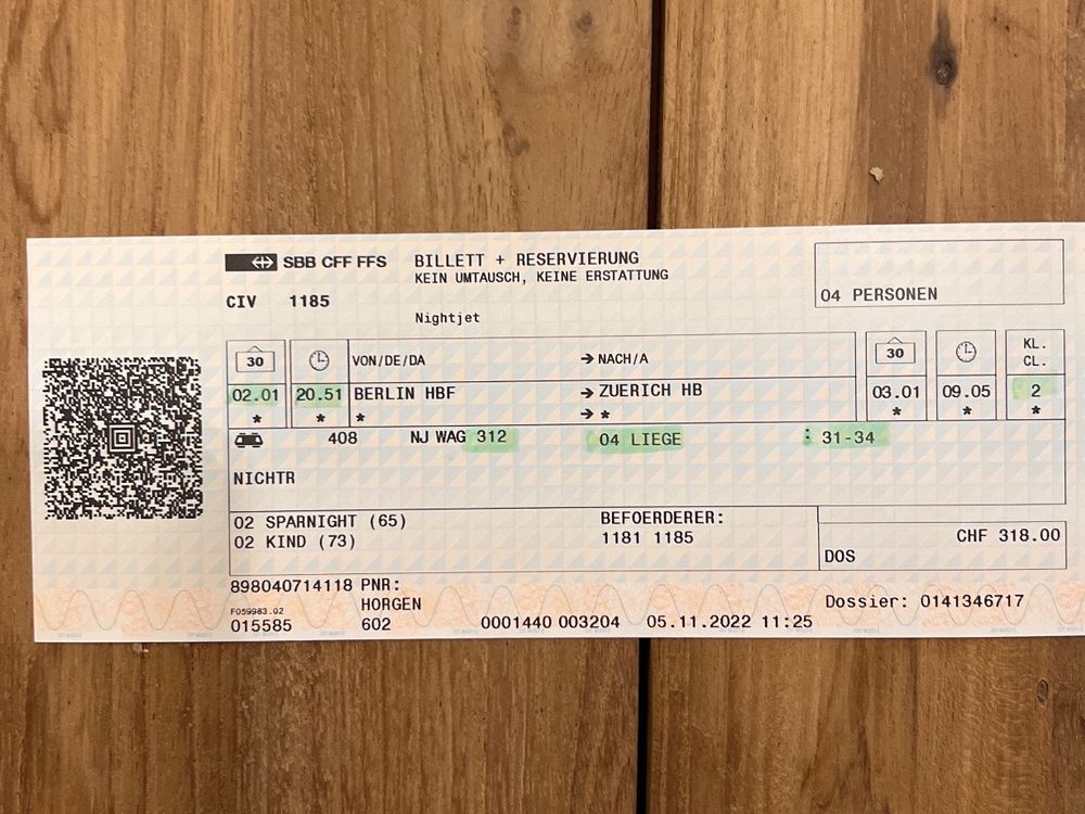 Bahntickets Berlin-Zürich mit Nightjet für den 02.01 | Kaufen auf Ricardo