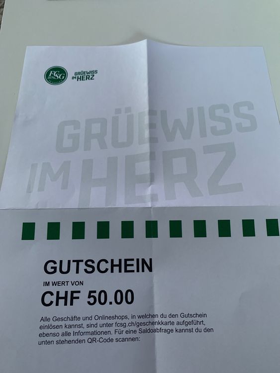 FCSG St.Gallen Wertgutschein Konsumation / Fanshop CHF 50.- (Neu und originalverpackt) in ...