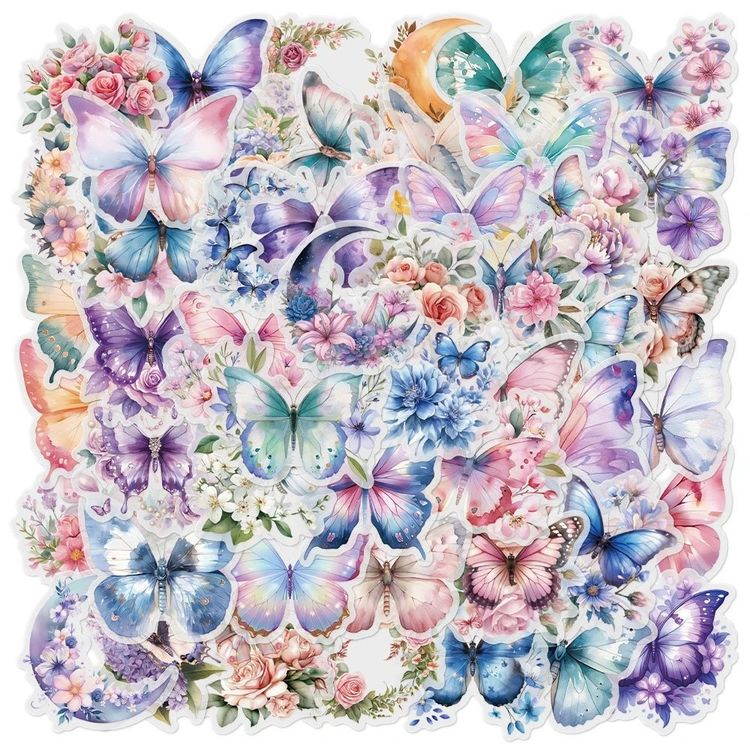 50 Stk. Sticker Aufkleber - Bunte Schmetterlinge & Blumen (Neu und originalverpackt) in St ...