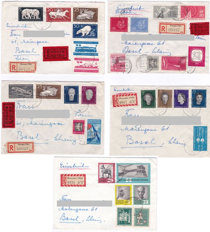 DDR 1957–1960, 3 Express + 2 Einschreiben nach Basel, Sätze (Gebraucht ...