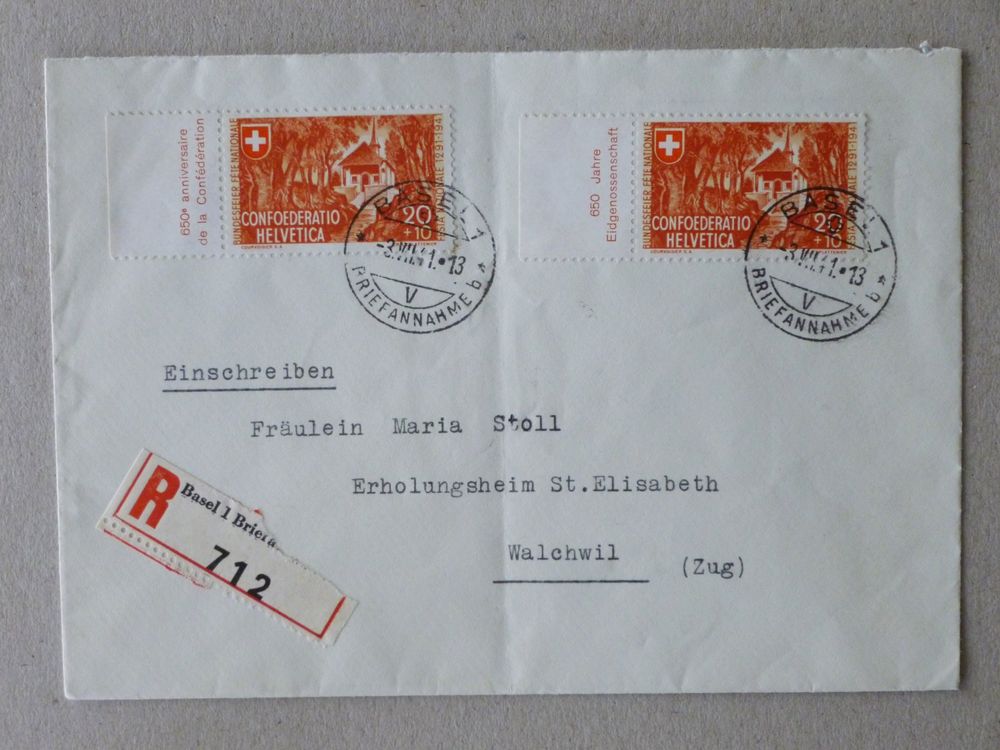 R- Brief BASEL 3.VII.41 > WALCHWIL, 2x 20Rp PP1941 Bogenrand (Gebraucht) in Uster für CHF 5 ...