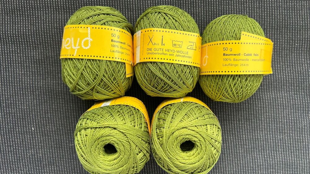 5 Knäuel Heyd Baumwolle grün, mercerisiert, Sommer-Garn (Neu (gemäss ...