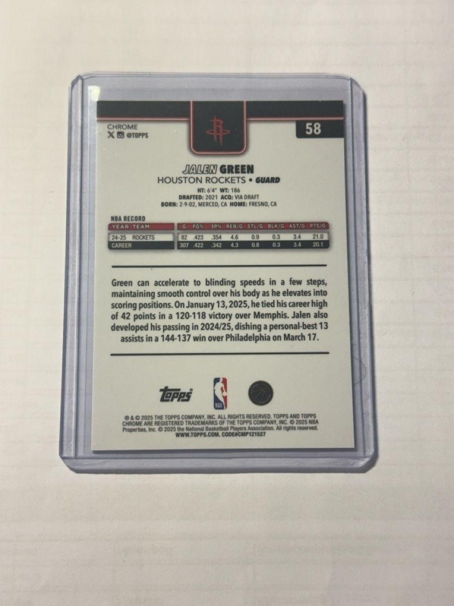 JALEN GREEN 2025-26 TOPPS CHROME TEAL REFRACTOR ROCKETS /250 (Neu ...