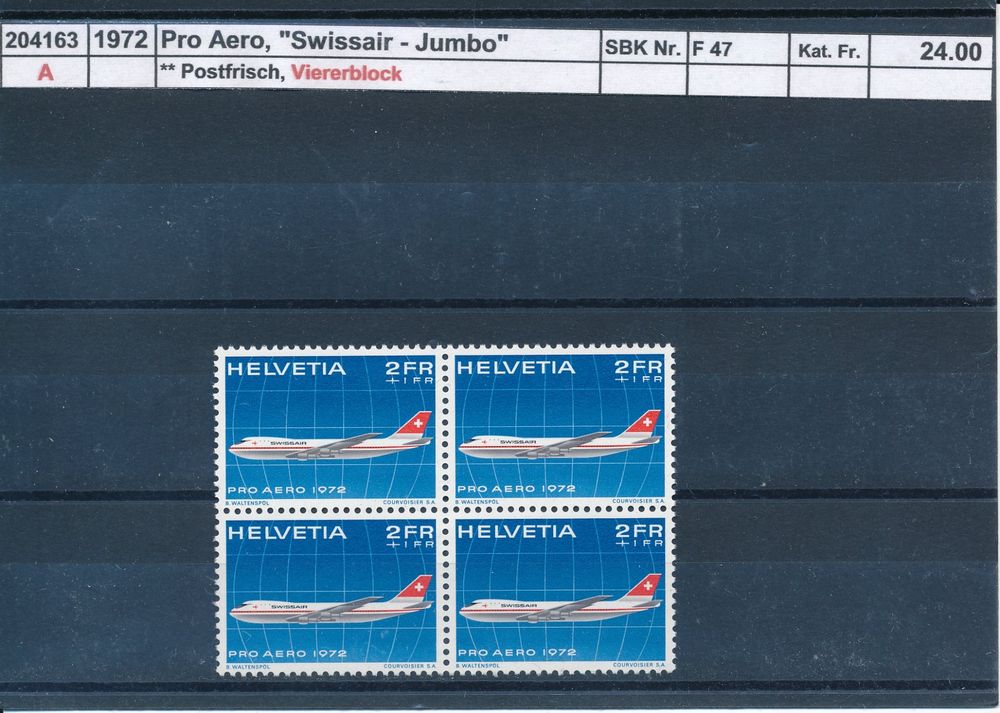 1972 Pro Aero - Swissair Jumbo, Viererblock ** Postfrisch | Kaufen auf Ricardo
