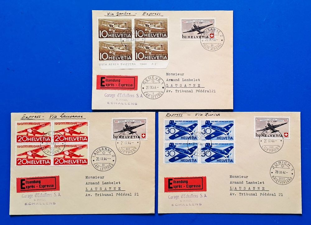3 x Jubiläumsflüge 1944 25 Jahre Schweizer Flugpost (Gebraucht) in Zürich für CHF 45 – mit ...