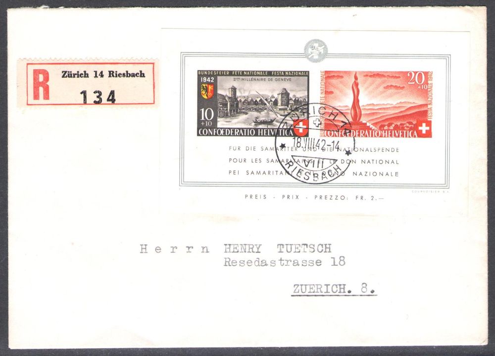 1942, B19, Block gestempelt ZÜRICH auf R-Brief (3444) (Gebraucht) in Burgdorf für CHF 65 – mit ...