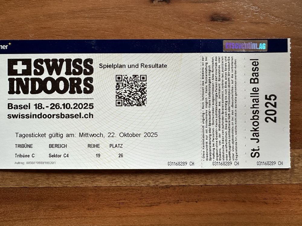 Ticket Swiss Indoors für Mittwoch 22. Oktober, Sektor C4 (Neu und ...